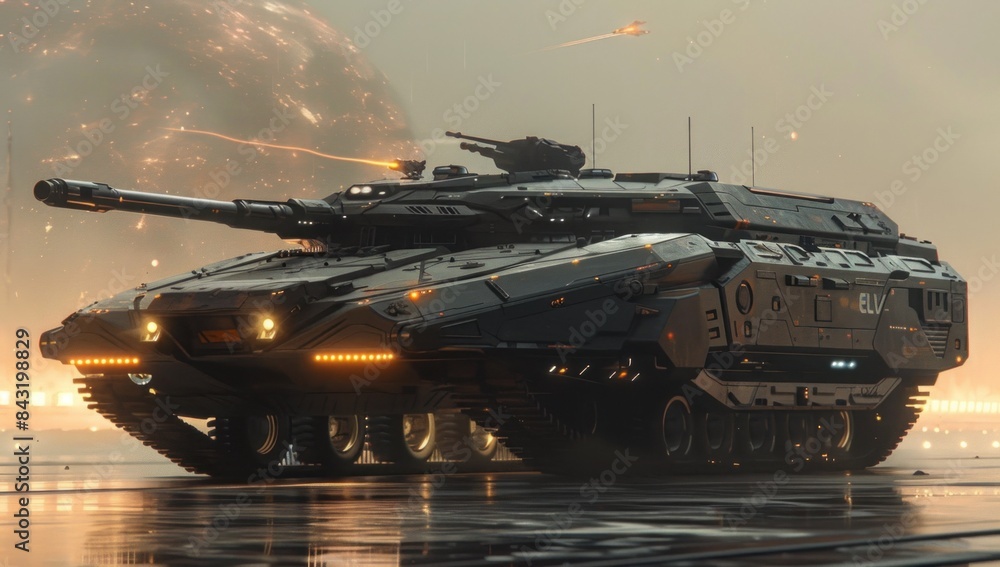 Bathed in the soft glow of a distant nebula, the EV armored tank stands ...