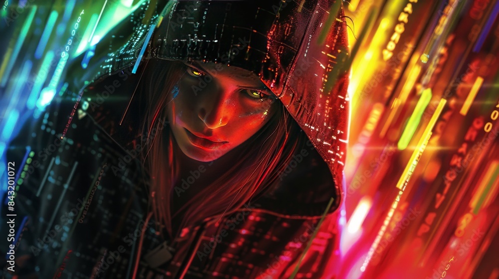 Woman Mysterious hacker wearing a hood with rainbow binary data effect ...