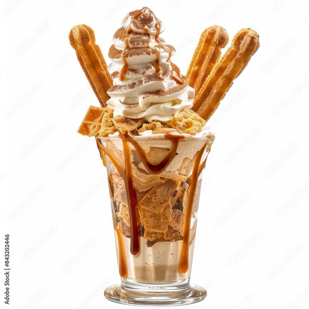 Indulgent ice cream sundae with whipped cream, caramel drizzle, and ...