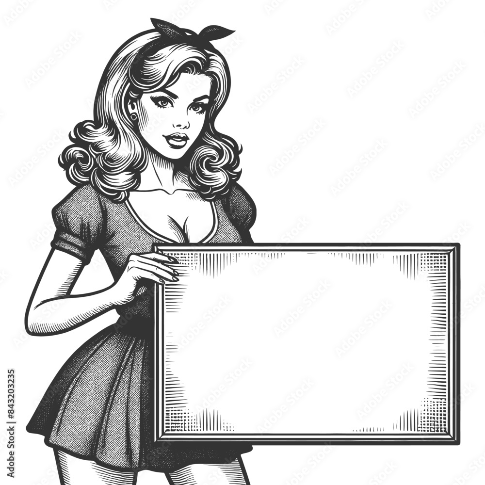 woman holding a blank poster sign, ready for customizable text, in classic pin-up pose sketch ...