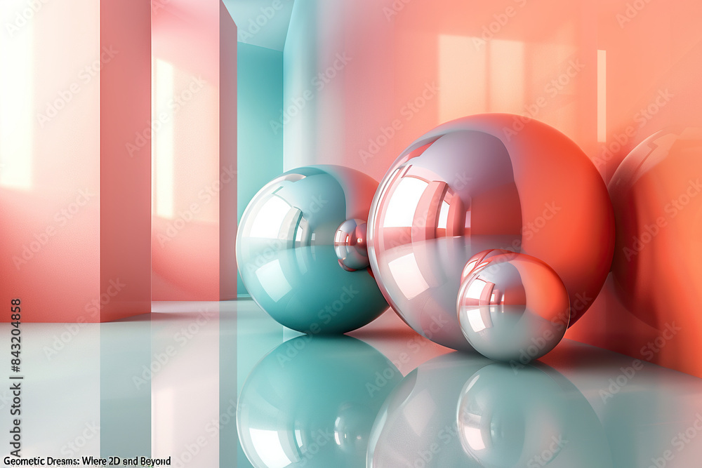 Shiny metallic spheres on a reflective surface. Concept of geometry ...