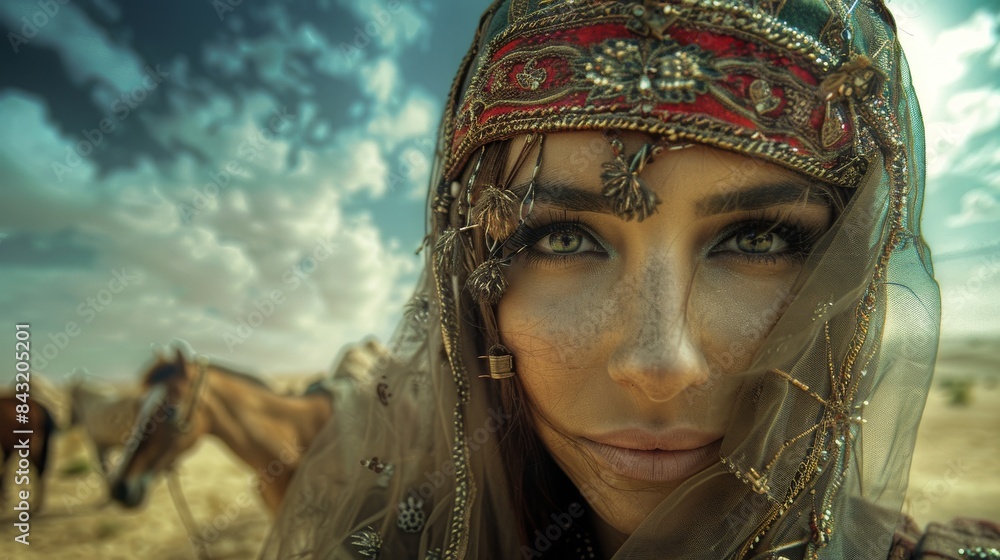 This close-up shot captures a woman adorned with intricate jewelry and ...