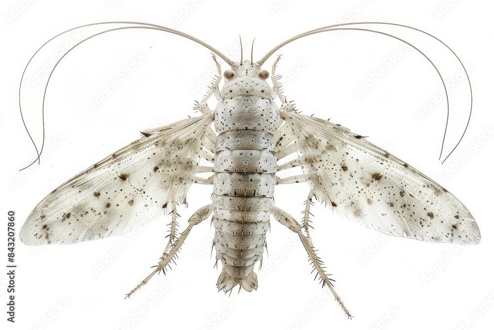 A silverfish with a silvery, elongated body and long antennae, detailed ...