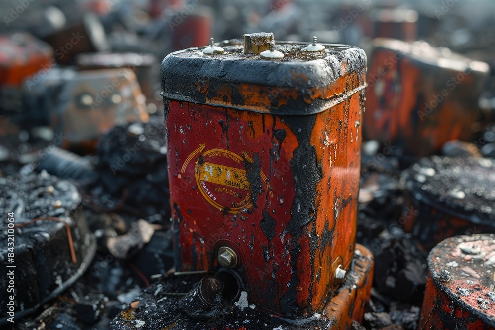 A close-up of a weathered and rusted red battery surrounded by debris ...
