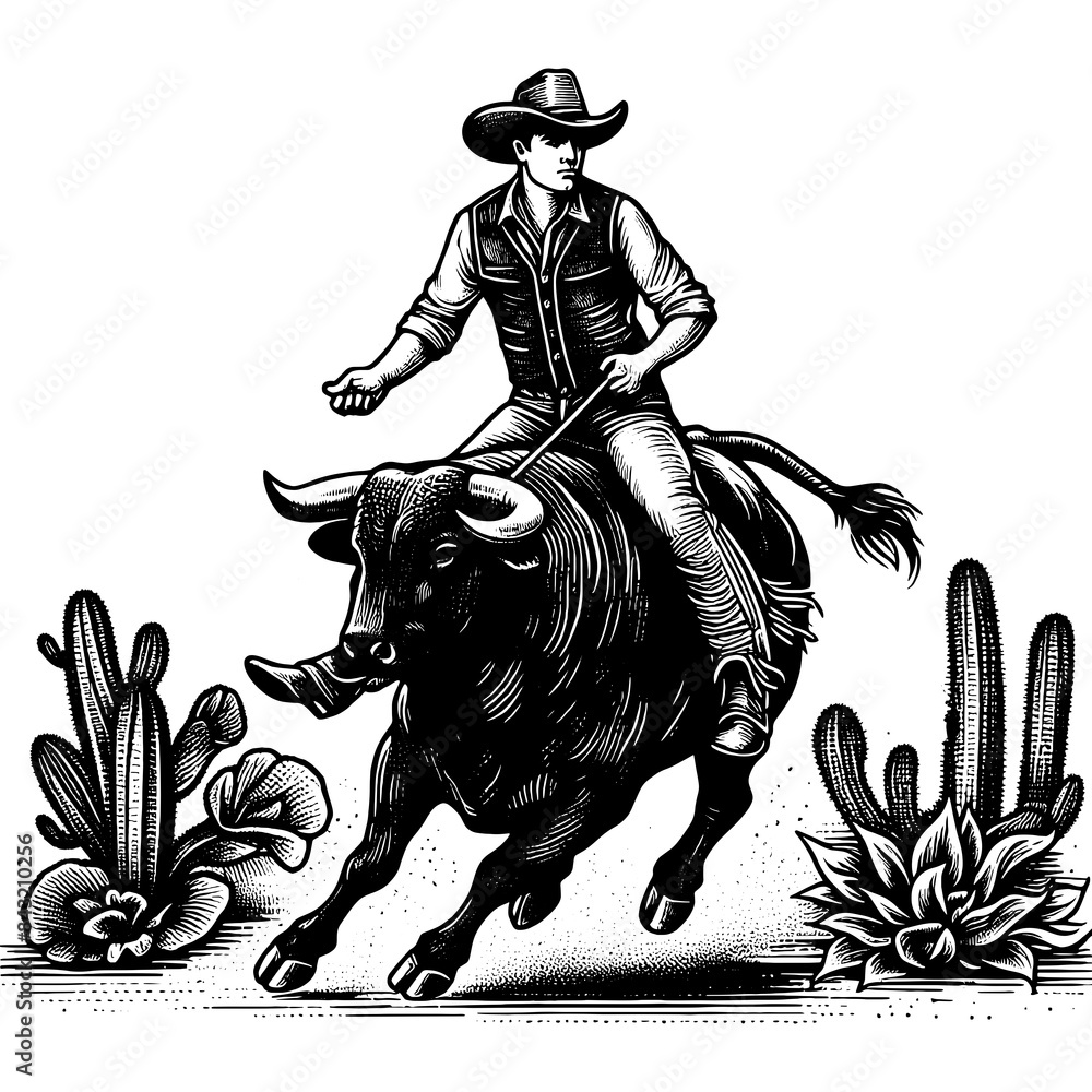 cowboy riding a bull, surrounded by desert plants, Western rodeo ...