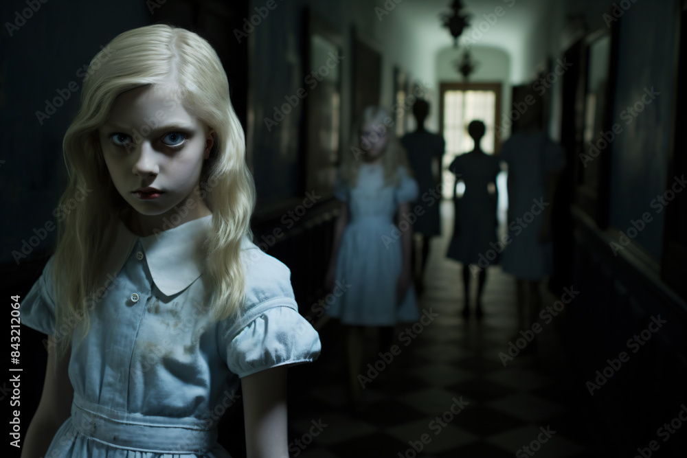 Creepy blonde girl standing in the corridor of an old haunted house ...
