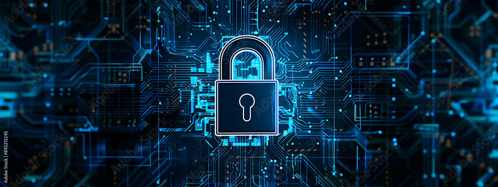 Cybersecurity in focus motherboard detail with secure lock as wide ...