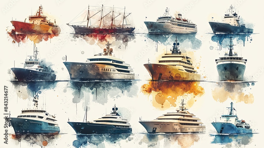 Various ship set, marine transport. Collection of tanker, sailboat ...