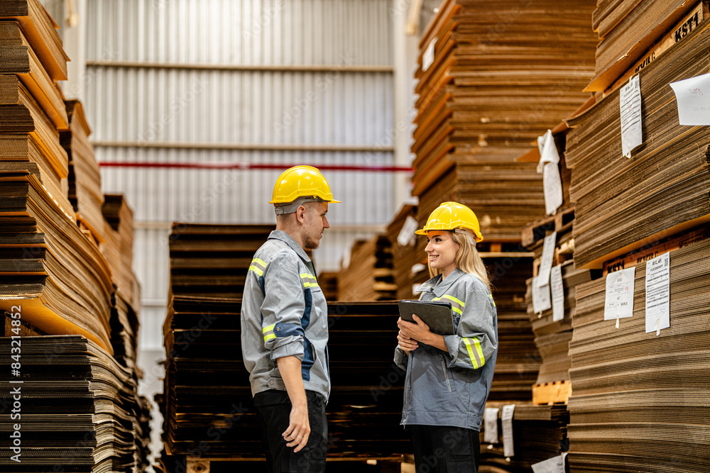 man and woman worker walking and checking stock for shipping. Female ...