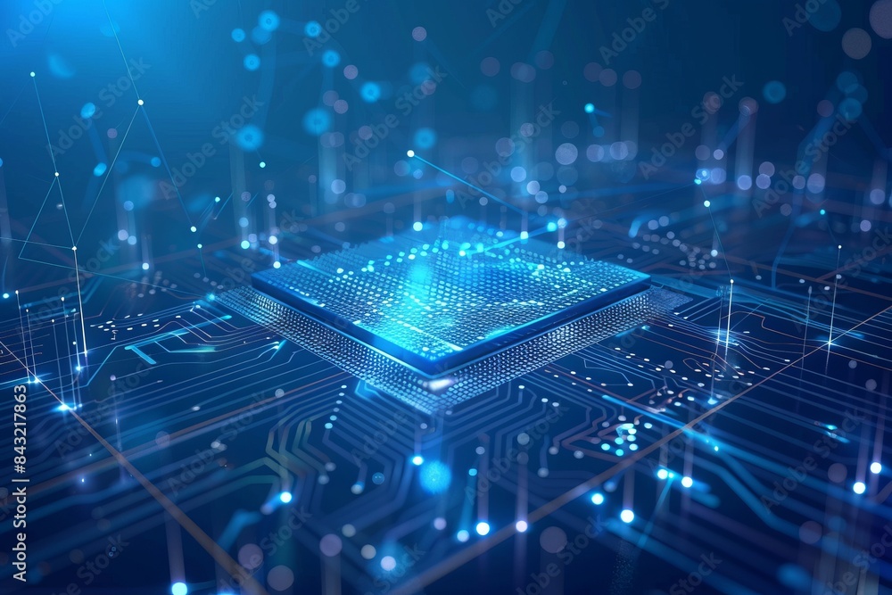 Digital chip on blue technology background in lines, connected dots ...