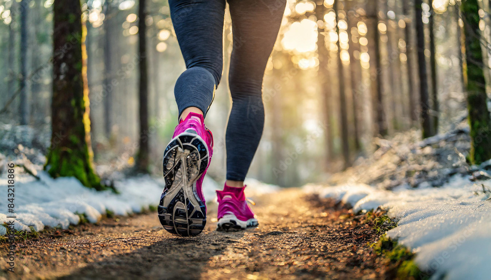 trail runner's legs and shoes as they walk on a forest path. The image ...