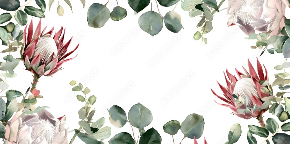 Watercolor hand draw floral frame with green eucalyptus leaves and red ...