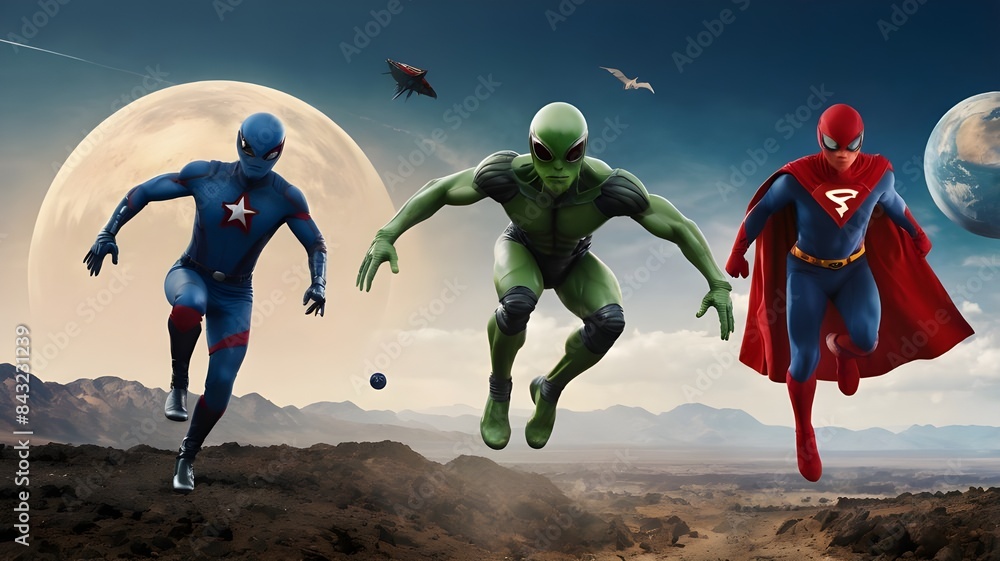 Space wallpaper featuring superheroes in action with aliens, flying ...