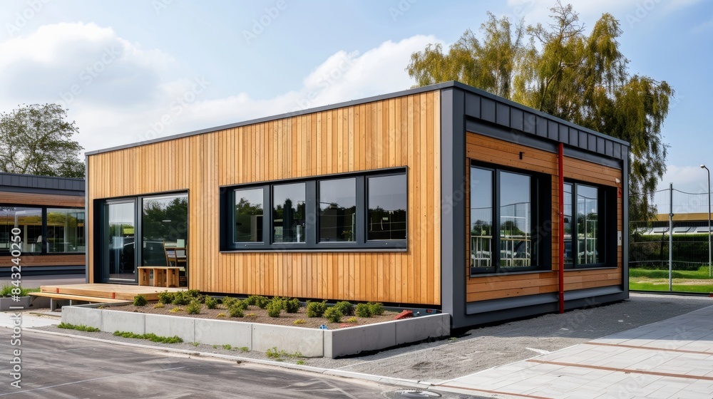 The finished product a fully assembled prefabricated building standing ...