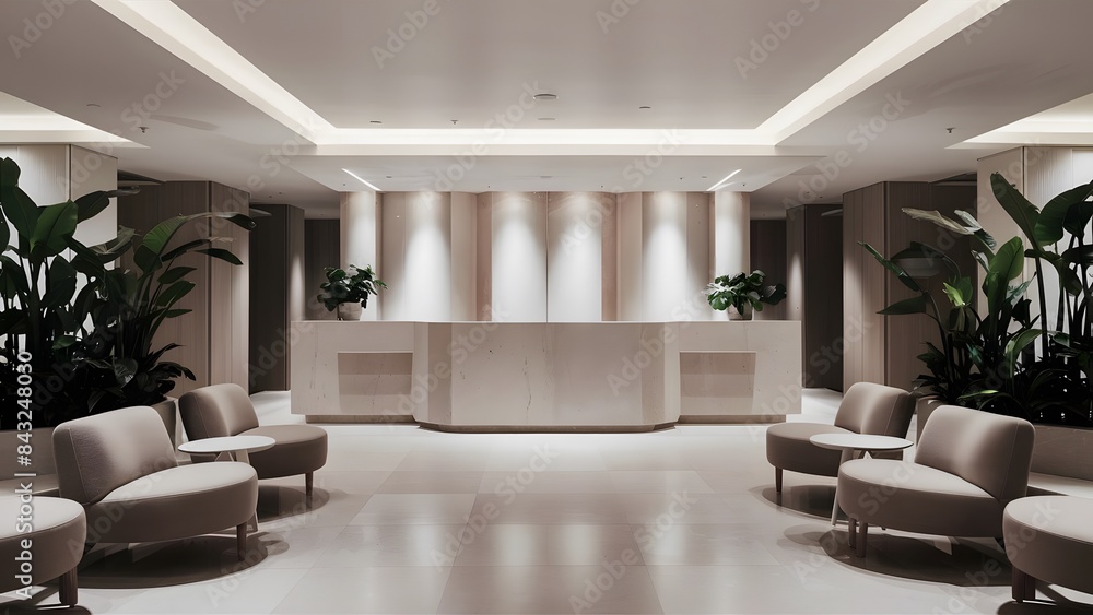 A elegant and welcoming office lobby with modern furniture, plants, and ...