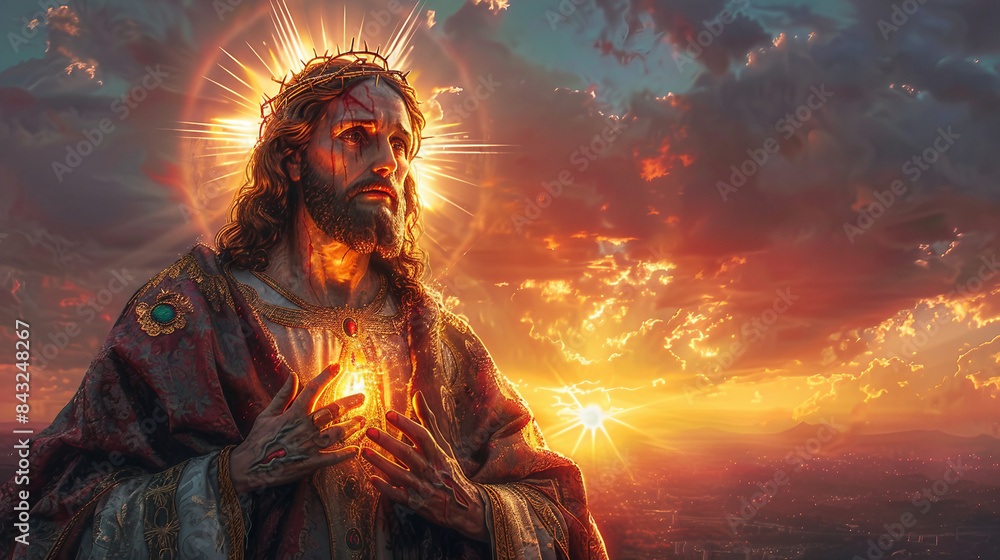 sacred heart of jesus christ rising sun golden background generative ...