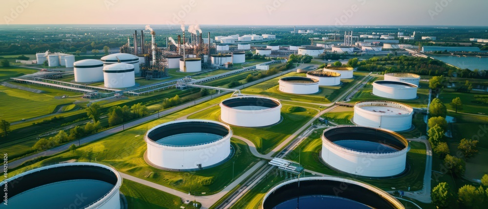 aerial view of oil storage tanks with white walls and massive ...