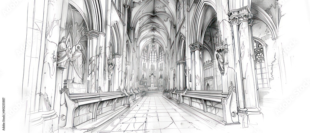 pencil drawing, Gothic architecture rises from the page with intricate ...
