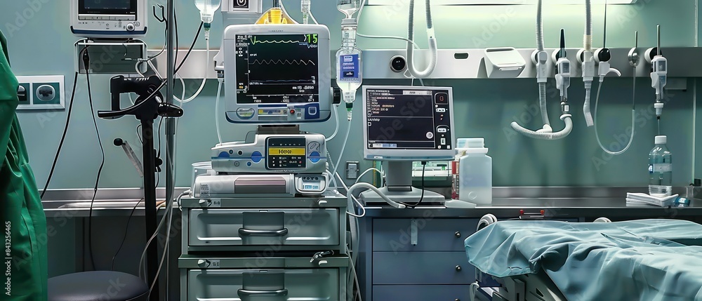 operating room, medical equipment including a drip machine is set up ...