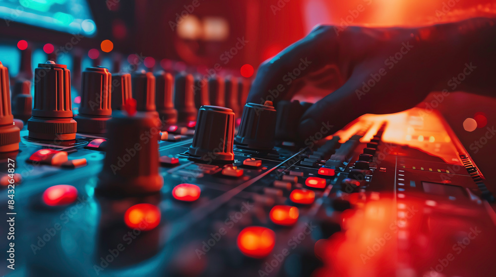 Close-up of a hand adjusting the controls on a mixing console in a ...