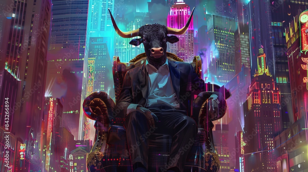 a bull headed man sitting on aluxury chair with happiness of bull run ...