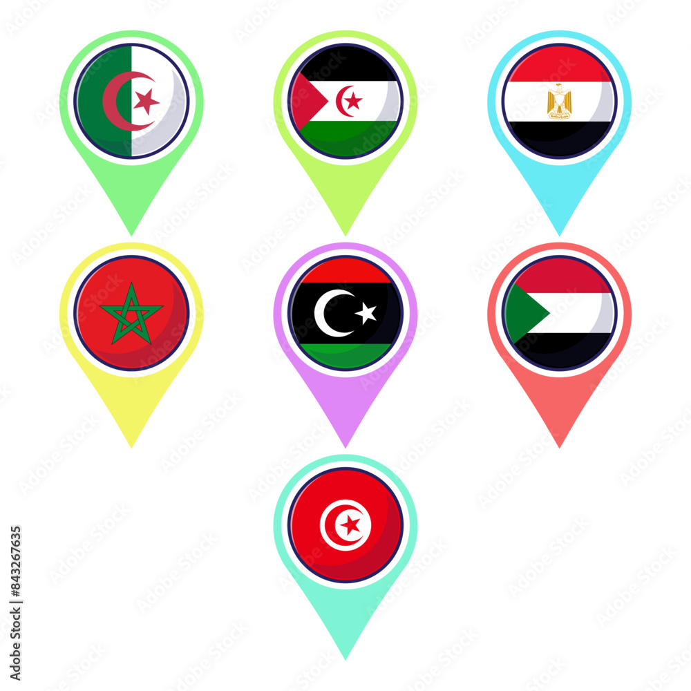 North African Countries Flags Flat Vector Map Element Design Travel