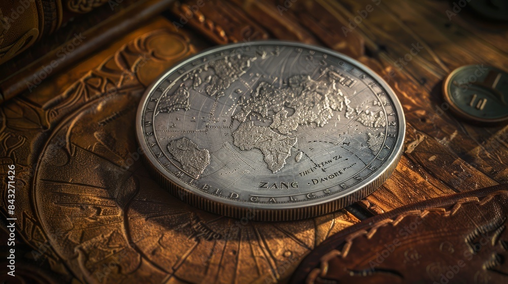 Vintage silver coin with a world map for history and travel themed ...