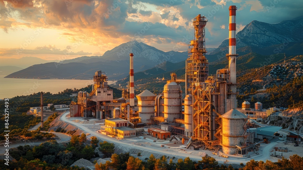 Cement plant with large kilns and conveyors, showcasing the heavy ...