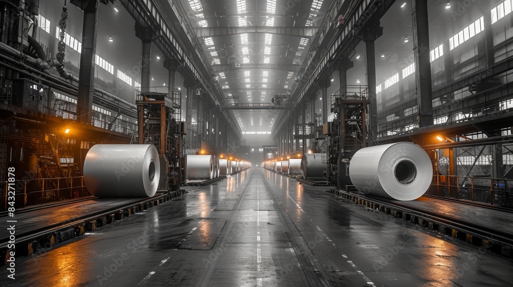 Paper mill with huge rolls of paper being processed, illustrating the ...