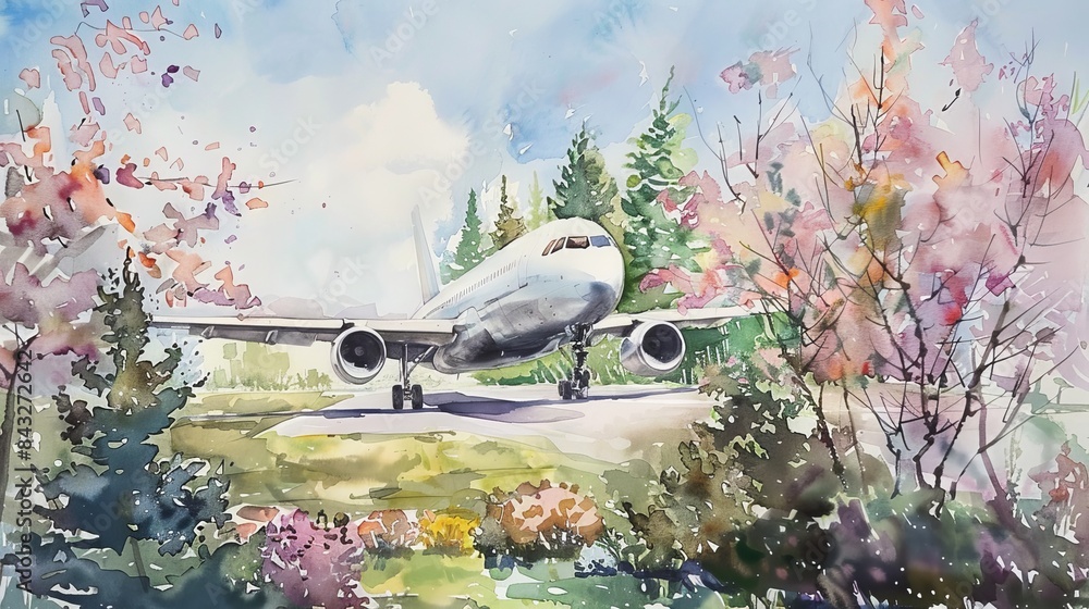 Watercolor painting of an airplane in flight over a floral background ...
