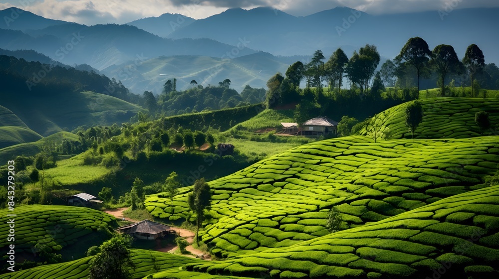 Lush green tea plantations stretching across undulating hills under a ...