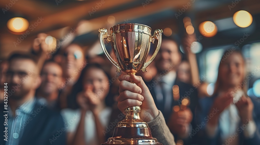 Hand holding a golden trophy in a celebratory crowd, symbolizing ...