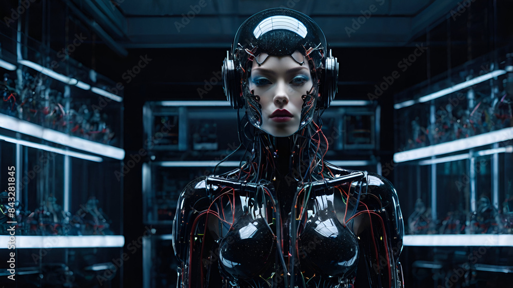 body portrait Photography, in a black laboratory full of cables and ...