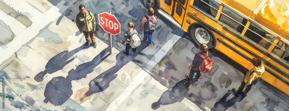 A birds-eye view of a crossing guard with a stop sign, flanked by ...