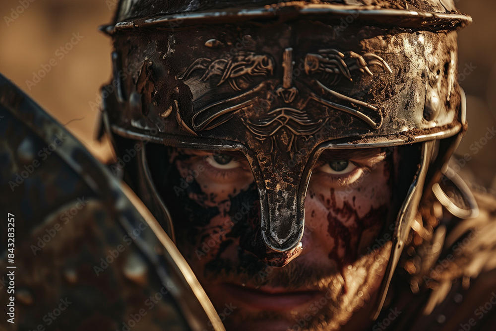 A highly detailed image of a rugged Roman gladiator wearing an ornate ...
