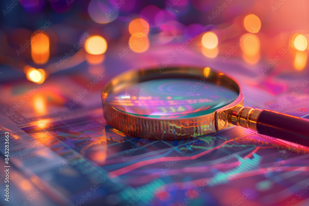 A detailed image of a magnifying glass resting on financial charts with ...