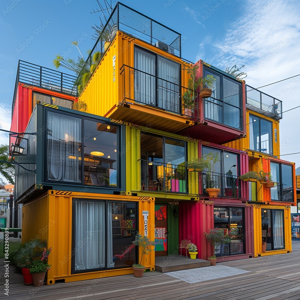 Vibrantly colored shipping containers painted and made into stacked ...