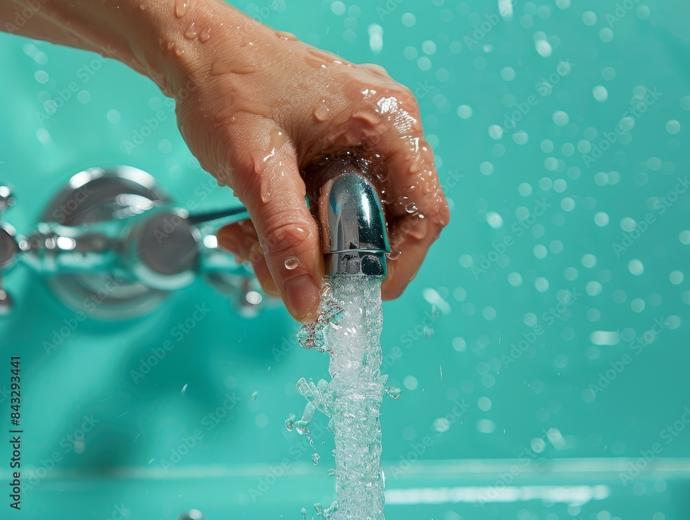 Hand gripping a tap, water running, mint green textured background ...