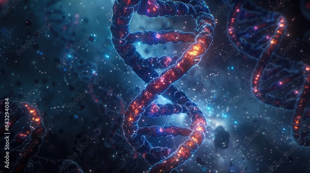 The image shows a double helix structure with glowing red and blue ...