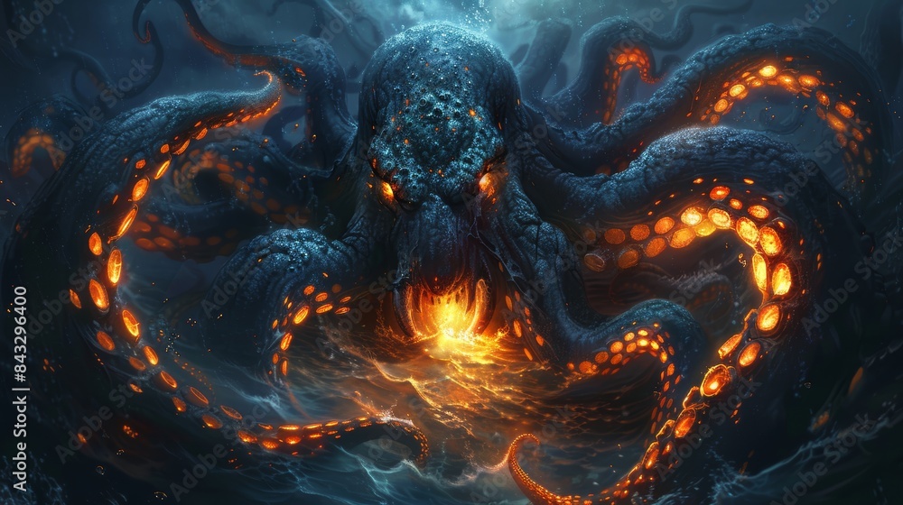 Detailed scientific illustration of a deep-sea monster emerging from ...