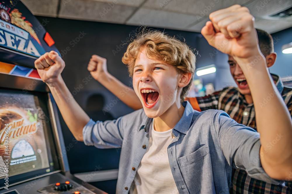 Show a teenage boy celebrating a victory at an arcade game, his face ...