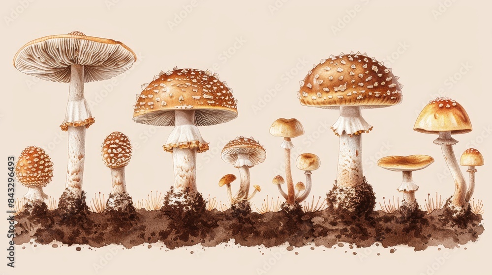 Detailed illustration of mushroom lifecycle in soil, from spore ...