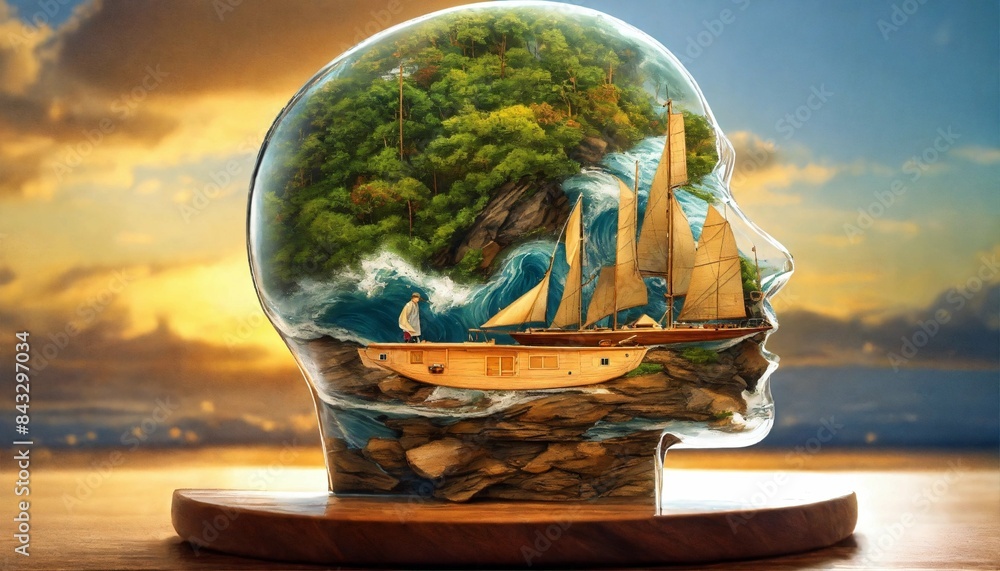 sailing boat illustrated inside a human head, big waves, realistic, 169 ...