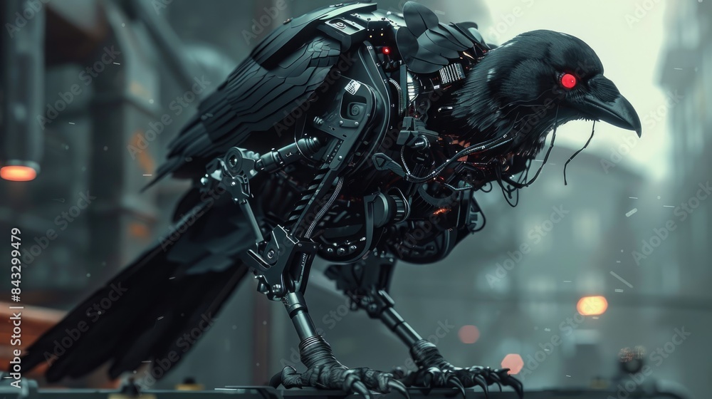 Black robotic crow with menacing weaponry, ready for battle in a ...