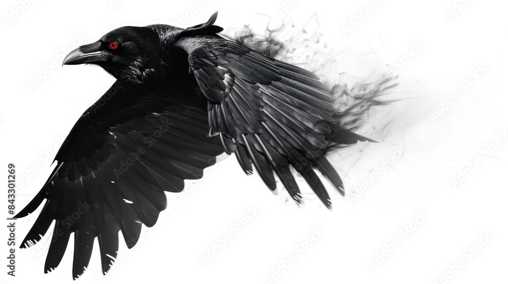 Black crow mid-flight, red eyes glowing intensely, captured against a ...