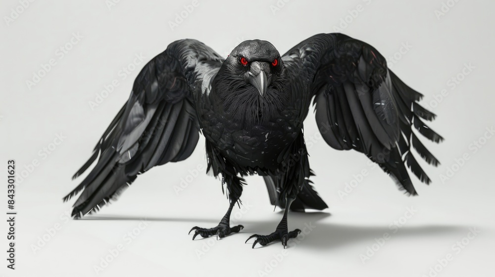 Black crow with red eyes, wings partially spread, standing on a clean ...