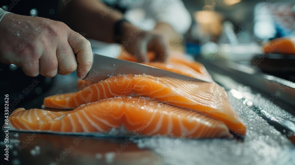salmon being filleted by an expert chef, the knife gliding effortlessly ...