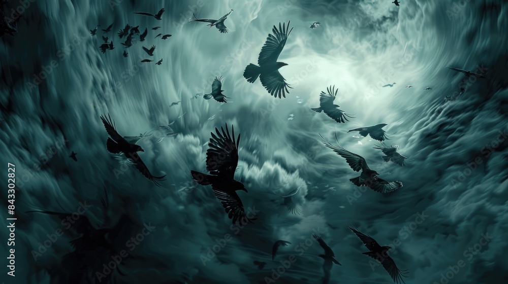 Dark and eerie flock of black crows, wings flapping against a ...