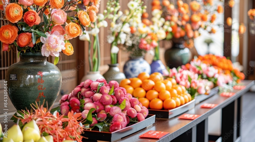 Vibrant display of assorted flowers and fruit offerings on a ...