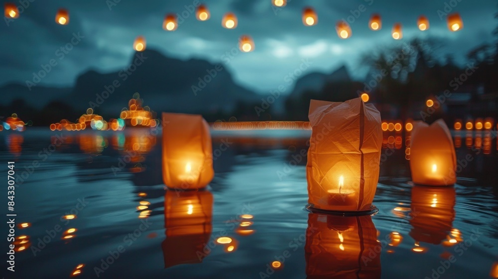 Lanterns float on a river at sunset during a traditional Japanese ...